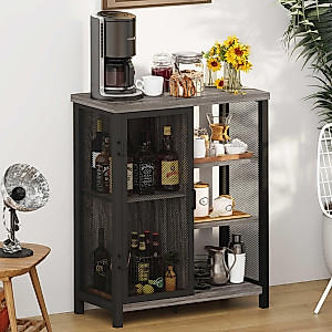 BON AUGURE Industrial Coffee Bar Cabinet for Home, Rustic Console Table Behind Couch, Wood and Metal Furniture Set for Living Room(Gray Oak)
