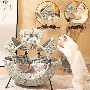 Cozy Rattan Cat House with Cushion - Large Spherical Indoor Outdoor Pet Bed, 20.5x20.5x14 Inches Light Gray