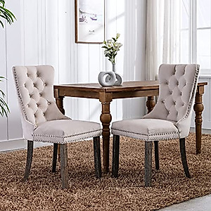 Virabit Upholstered Dining Chairs Set of 4, Velvet Tufted Dining Chairs with Nailhead Back and Ring Pull Trim, Solid Wood Dining Chairs for Kitchen/Bedroom/Dining Room (Beige)