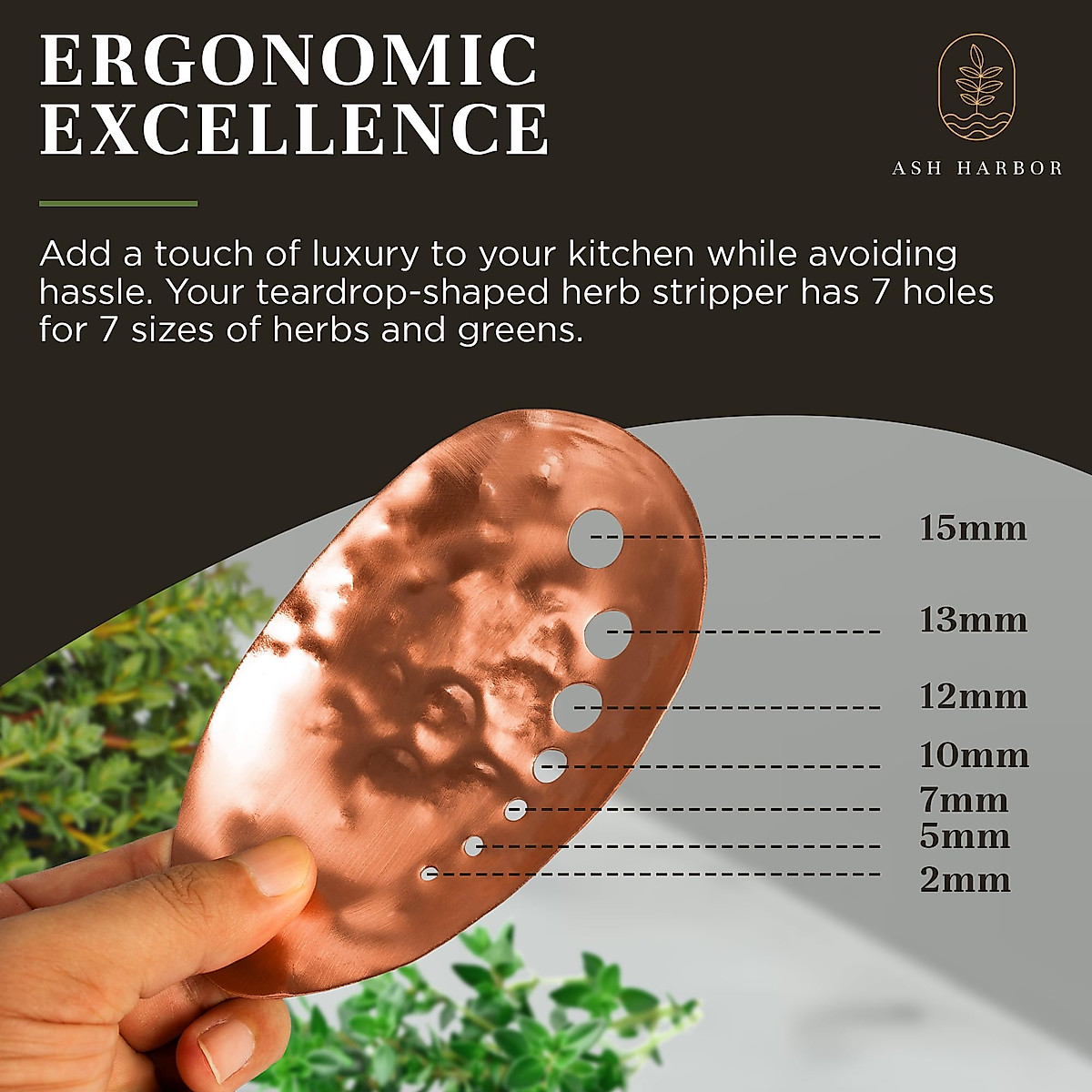 Handmade Copper Herb Stem Stripper – Herb Stripper Tool with 7 Hole Sizes – Shred & Catch Herbs & Greens - 5.5 x 3.5 In. Herb Stripper Bowl-Shaped Herb Cutter Tool – Household Essentials by Ash Harbor