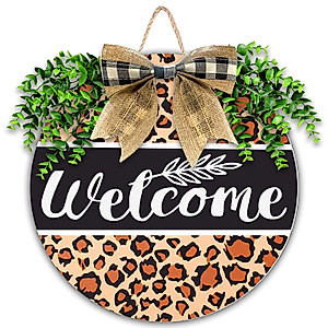 Autumn Decorations Leopard Wreath with Bow Indoor Outdoor - Halloween Leopard Welcome Sign Decorative for Front Door Wall Home Garden Decor