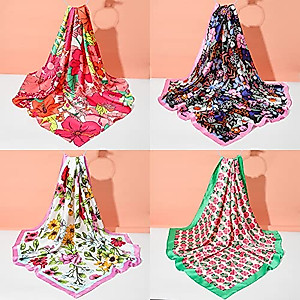 Molans 35” Satin Large Square Hair Scarves, 4pcs Silk Head Scarf Bandanas for Women,Silk Head Wraps for Sleeping(Plant flower)