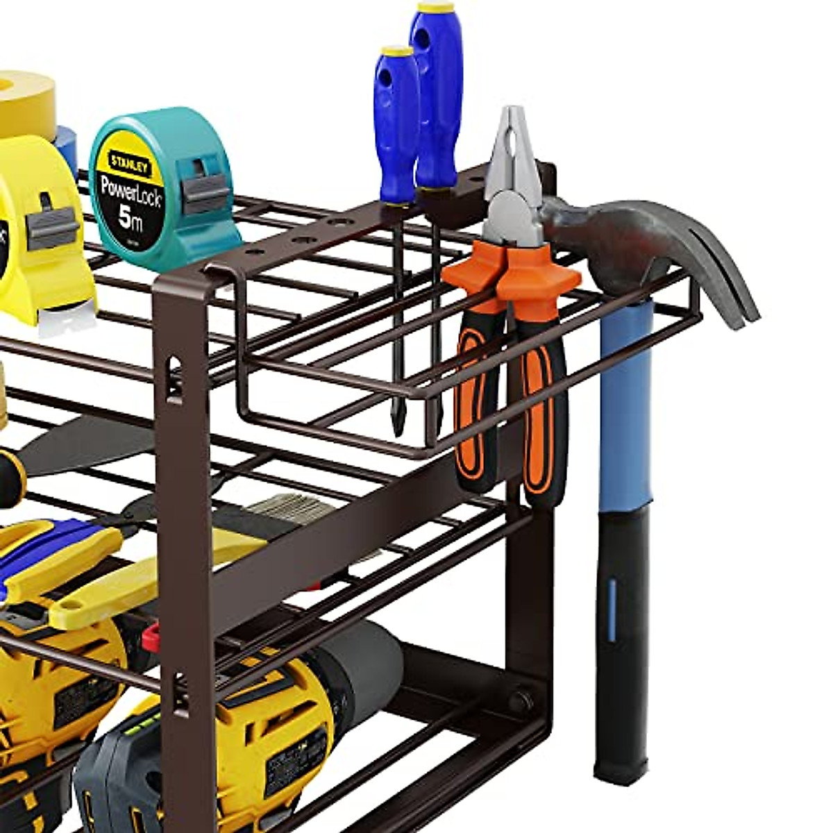 Power Tool Organizer, Heavy Duty Floating Tool Shelf, 3 Layers Metal Power Tool Holder Organization Garage Wall Mounted Utility Storage Rack for Cordless Drill Charging Station Screwdriver, Brown