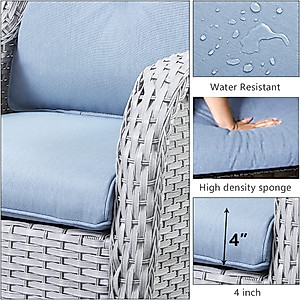 HUMMUH Patio Furniture 6 Pieces Outdoor Furniture Set Wicker Outdoor Sectional Sofa with Swivel Rocking Chairs,Patio Ottomans,Patio Coffee Table(Light Grey/Light Blue)