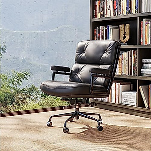 Rimdoc Padded Mid Back Office Chair with Armrest Big Desk Chair 350 Pounds Capacity, High Adjustable, Tilt and Forth, Heavy Duty Aluminum Alloy Frame, Lumbar Support, Genuine Leather, Black