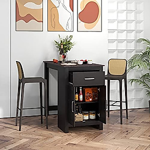 COSTWAY Counter Height Table with Storage, Rectangular 35.5-inch Height Dining Table with Drawer and 2-Tier Storage Cabinet, 3-Level Shelf, Bar Table for Kitchen Island Living Room, Black+Dark Grey