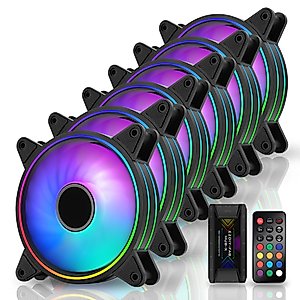 EZDIY-FAB Moonlight 120mm RGB Case Fan with Fan Hub X and Remote,Motherboard Aura SYNC,Speed Control,ARGB Fan for PC Case Desktop-6 Pack