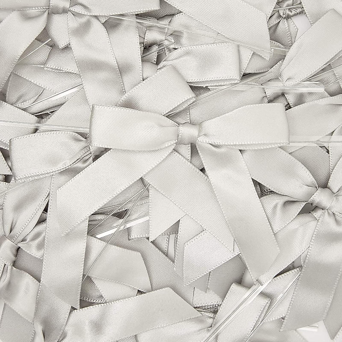 100 Pack Silver Satin Twist Tie Bows for Crafts, Gift Wrapping, Party Favor Bags, Baked Goods (3 In)