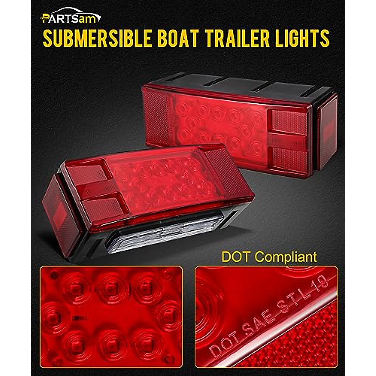 Partsam 12V LED Submersible Low Profile Rectangular Trailer Lights, Waterproof LED Combination Trailer Tail Light Kit Stop Brake License Plate Turn Running Lights Sealed for Boat Trailer Lights Truck