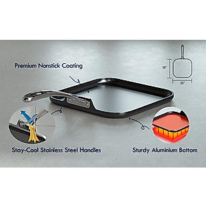 Cooks Standard Nonstick Square Griddle Pan 11 x 11-Inch, Hard Anodized Cookware Griddle Pan, Black