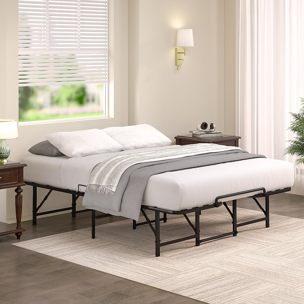 Queen Foldable Bed Frame, 14.2" High Portable Metal Platform Bed Frame with Tool Free Setup, Queen Size Collapsible Sturdy Steel Frame, No Box Spring Needed, Black