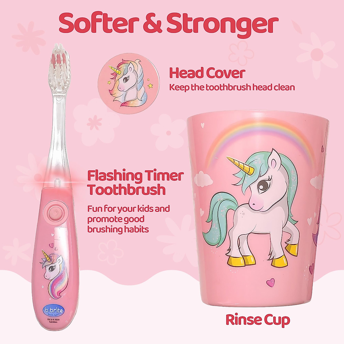 Lily's Home Kids Flashing Timer Toothbrush Kids with Soft Bristles, Rising Cup & Cover - Fun 2-Min Light-Up Brushing for Children - Toddler Toothbrush Soft Toothbrush Kit (Unicorn)