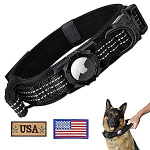 Tieuwant Tactical AirTag Dog Collar, Adjustable Air Tag Dog Collar, Military Training Nylon Dog Collar with Apple AirTag Holder and Control Handle for Medium Large Dogs (L, Black)