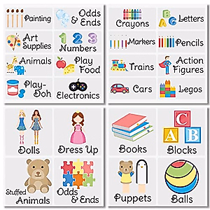 mDesign Plastic Open Front Toy Storage Organizer Bin for Playroom, Nursery, Kids Closets; Holds Action Figures, Crayons, Building Blocks, Puzzles - Ligne Collection - 4 Pack + 24 Labels - Clear