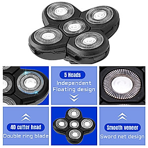 Shaver Blade Heads, 5 Heads Beard Cutter Replacement Blade Electric Razor Shaver Head Easy Install for Head and Face (Black)