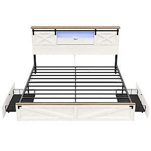Hasuit Farmhouse Bed Frame King Size with LED Lights and Charging Station, Wooden King Bed with 2 Storage Drawers, Rustic Headboard with Sliding Barn Door Storage Cabinets, White