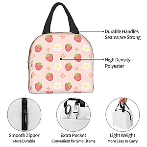 Senheol Pink Strawberry and Flowers Print Lunch Box, Kawaii Small Insulation Lunch Bag, Reusable Food Bag Lunch Containers Bags for Women Men