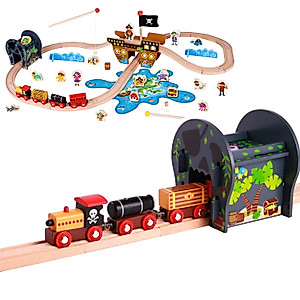 Pidoko Kids Pirate Theme Wooden Train Set - 72 Pcs - Includes Magnet Fishing Poles - Set compatible with all major brand tracks and trains