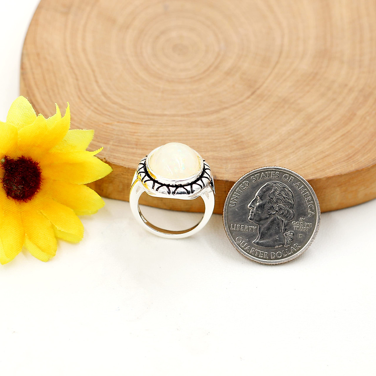 Uloveido Oval Cut Simulated White Fire Opal Split Shank Rings Halo Solitaire Wedding Birthstone Jewelry Women RA0309 (White, Size 10)