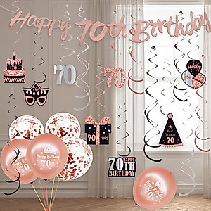 WOJOGO 70th Birthday Decorations Women, Rose Gold 70 Birthday Decorations for Men, Including Happy 70th Birthday Banner Hanging Swirls Birthday Cake Topper Balloons for Party Supplies
