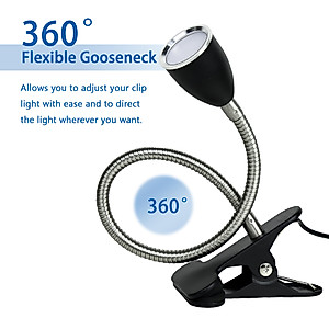 Desk lamp Eye-Caring Table Lamps, 360°Rotation Gooseneck Clip on Lamp Reading Light, Portable Reading Book Light, Clamp Light, Study Desk Lamps for Bedroom and Office Home Lighting (Black-C01)