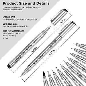 PANDAFLY Precision Micro-Line Pens, 10 Size Black Micro-Pen Fineliner Ink Pens, Waterproof Archival Ink Multiliner Pens for Artist Illustration, Calligraphy, Sketching, Technical Drawing