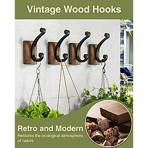 Josmimic Wall Hooks for Hanging Towel - Black Rustic Wood Coat Hook,4 Pack Hooks Wall Mounted for Towel, Coat, Cloth, Purse, Hat, Key, Decorative Bathroom Shower Kitchen