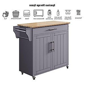 Tornama Kitchen Storage Island, Wooden Rolling Kitchen Island On Wheels with Countertop, Mobile Kitchen Island Cart with Towel Rack, Spice Rack and Drawers, Grey