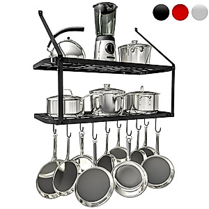 Vdomus Hanging Pot and Pan Organizer - Rustproof Wall Mounted Pot Rack for Kitchen Storage - Durable, Thick Iron Material - 2-Tier Pot Shelf with 10 Hooks for Utensils - Wall Mounted Black Pot Rack