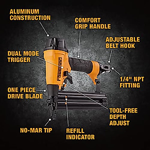 Freeman G2BR50 2nd Generation Pneumatic 18-Gauge 2" Brad Nailer with Adjustable Metal Belt Hook and 1/4" NPT Air Connector