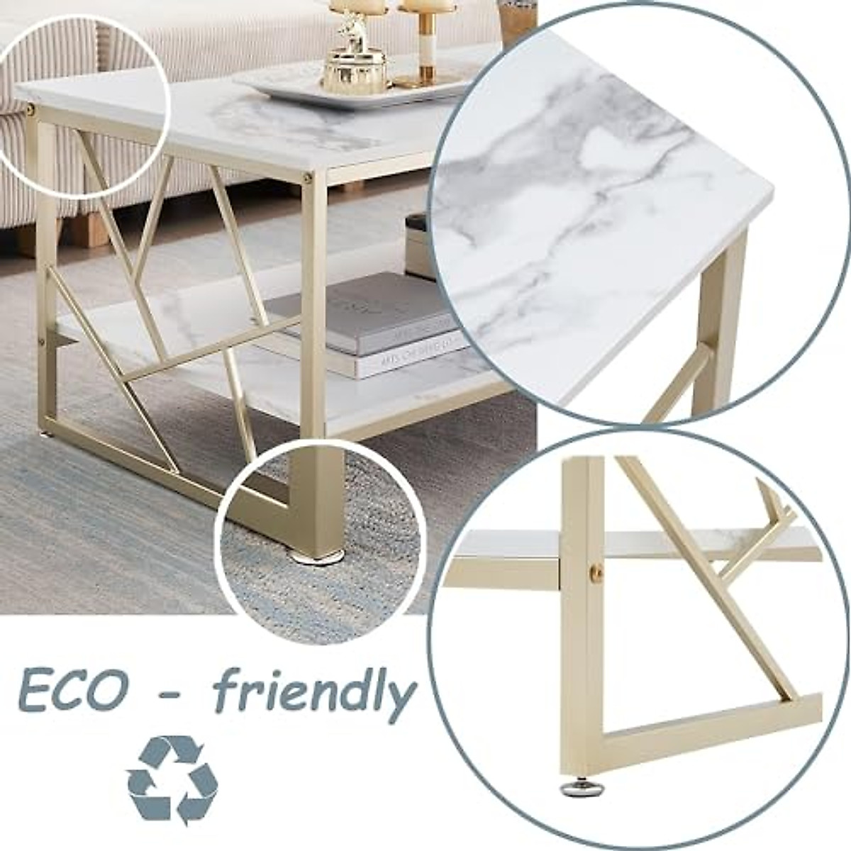 MKJLWO White Coffee Tables for Living Room, Square Marble Gold Coffee Table 2-Tier Storage Modern Center Table White Home Furniture Office Decor 43×21in