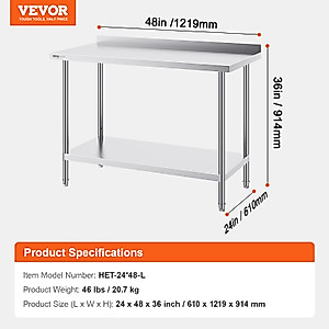 VEVOR 24 x 48 x 36 Inch Stainless Steel Work Table, Commercial Food Prep Worktable Heavy Duty Prep Worktable, Metal Work Table with Adjustable Height for Restaurant, Home and Hotel