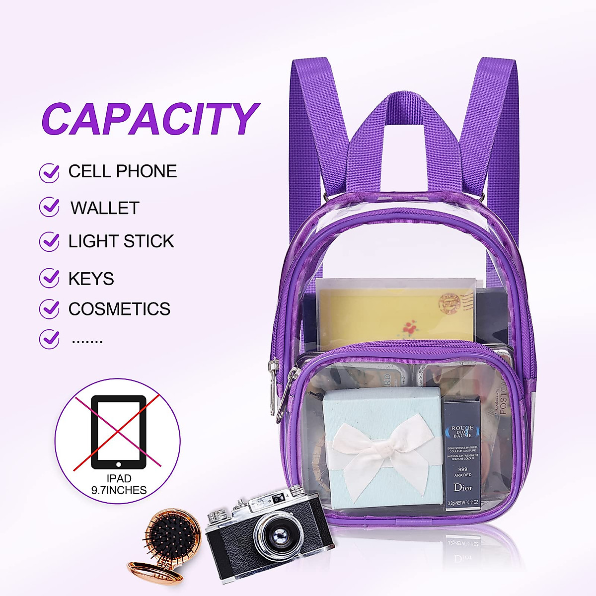 USPECLARE Clear Mini Backpack Stadium Approved, Size 7.5"x2.8"x9" for Girls, for Concert, Festival, Sport Events&Daily Use(Purple)