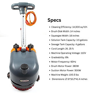 RT15AC 14“ Walk Behind Floor Scrubber Dryer Machine for Industrial Commercial Use, 26 ft Cord Offers Uninterrupted Power Supply