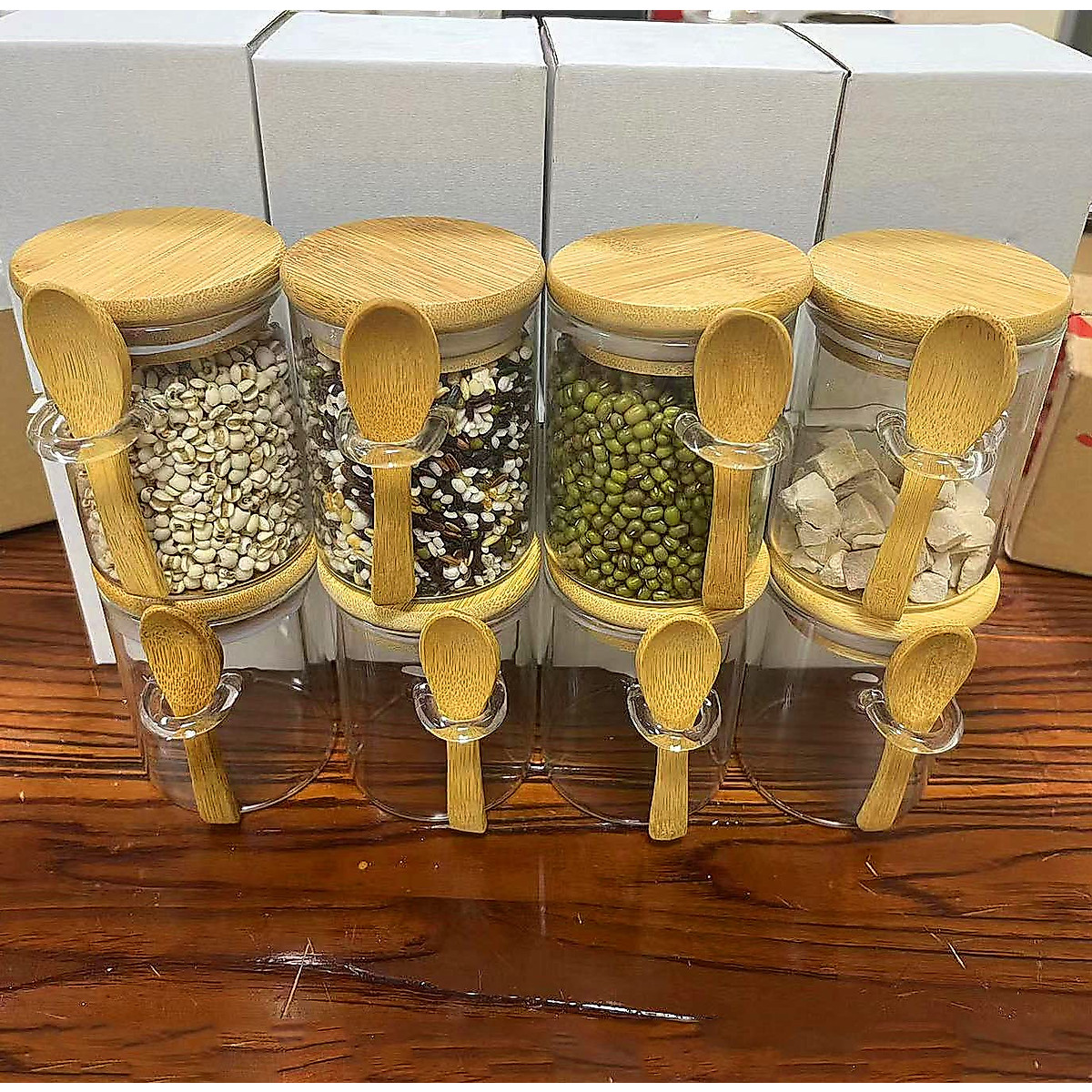 Livejun 8 oz Airtight Mini Glass Jars with Bamboo Lids and Bamboo Spoons , Spice Jars Small Food Storage Containers for Kitchen, Bathroom, Home Decor Set of 8