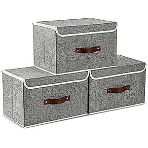 E-MANIS Storage Bins with Lids set of 3 Foldable Storage Boxes with Lids Storage Baskets Storage Containers Organizers with for Toys,Clothes and Books (Grey)
