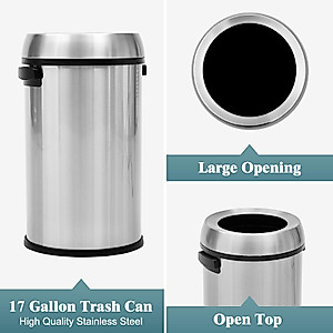 WELYFE 17 Gallon Open Top Trash Can, Round Stainless Steel Trash Can, Commercial Trash Can, 65 L(Open Top), Silver