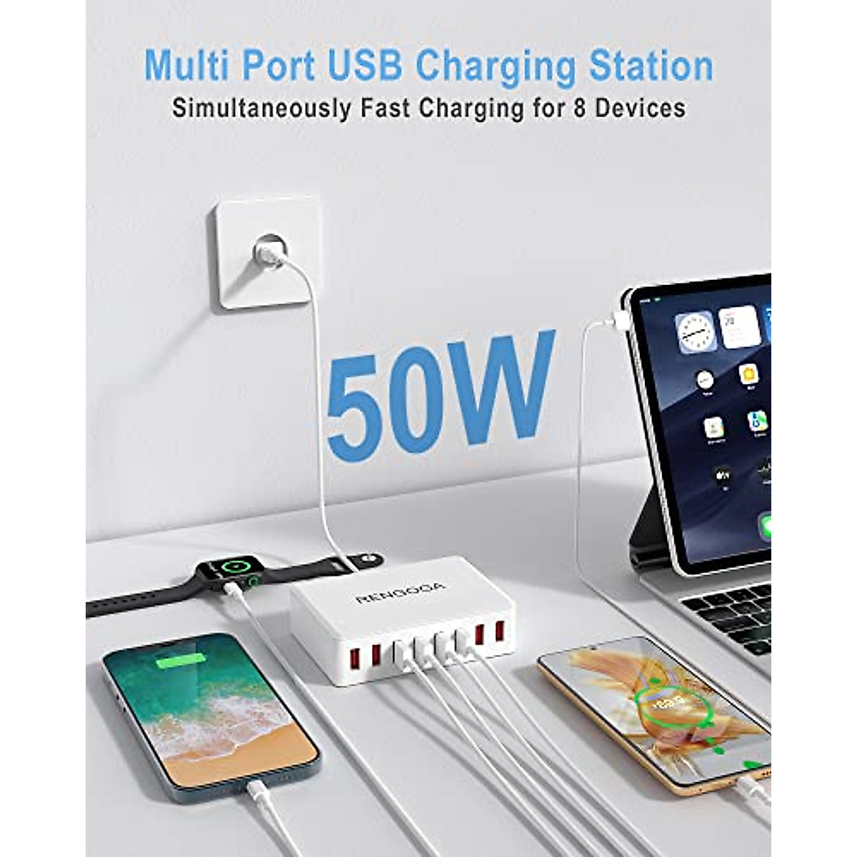 USB Charging Station, RENGOGA 50W/10A USB Charger 8-Ports USB Charging Hub, Multi USB Charger Block for Multilple Devices, iPhone 13 12 11 Pro Max,iPad Air, Samsung Galaxy S21 S20, Tablet-White