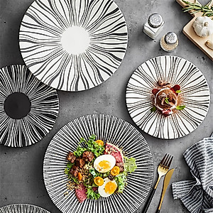 Dinner Plates Set Ceramic Dinner Plate Western Food Chinese Dinner Plate Home Kitchen Restaurant Plate Round Stripe Flat Plate Dessert Fruit Tray Kitchen Salad Bowl ( Color : A , Size : 8.27in )
