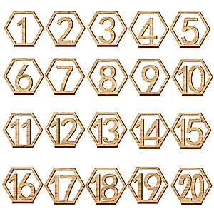 Wooden Table Numbers,Fashionclubs 1-20 Wedding Table Numbers with Holder Base,Hexagon Shape,Perfect for Wedding, Party, Events or Catering Decoration