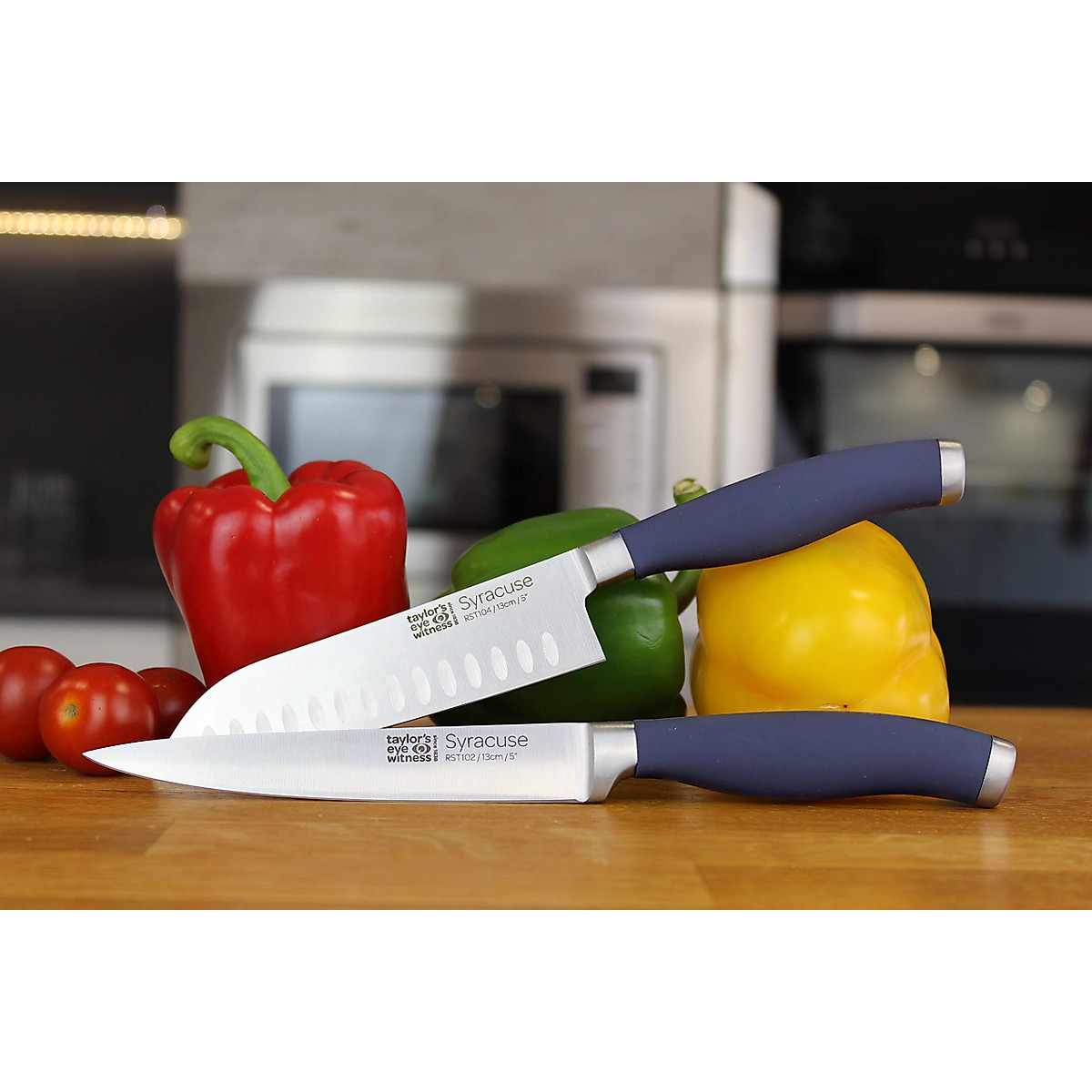 Taylors Eye Witness Syracuse Asian Kitchen Knife Set - Chefs Santoku 13cm/5” & Cooks All Purpose 13cm/5” Cutting Edge, Multi Use. Ultra Fine, Razor Sharp Blade. Soft Textured Grip Denim Blue Handle.