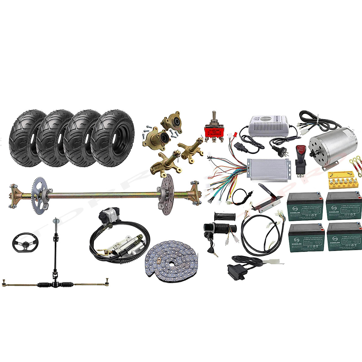 YC Yier 29" Go Kart Rear Axle Kit +Front End Steering Shaft Assembly+ Brake + 13x5.00-6" Wheels Tires +48V 1800W Brushless Electric Motor Kit + Battery for Go Kart ATV Quad Buggy Drift Trike 4 Wheeler