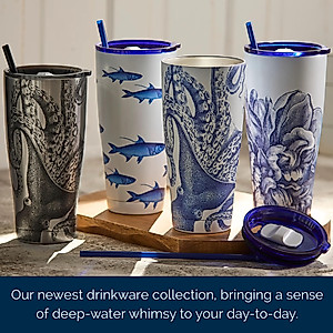 Caskata Lucy the Octopus Stainless Steel Insulated Tumbler | Cup, Lid & Straw Set for Travel, Commuting, & School | Perfect for Birthday, Christmas & Holiday Gifts | Blue on White Color | 30 oz