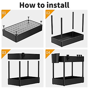 Under Sink Organizers, 2 Tier Under Bathroom Cabinet Storage with 6 Hooks and Collection Baskets, Multi-purpose Under Sink Storage Rack for Bathroom Kitchen Living Countertop and Cabinet
