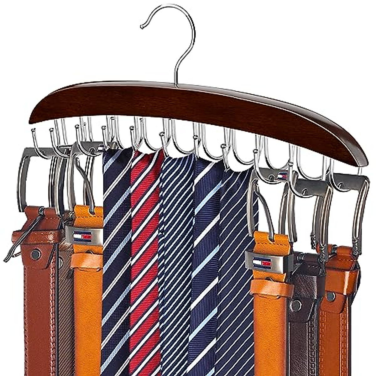 Belt Hanger Organizer, Upgraded Tie and Belt Organizer, 20 Hooks Wooden Belt Rack for Storage, 360°Rotating Space Save Belts Organizer for Tie, Tank Top, Scarf, Stored Up to 60 Belts-Red