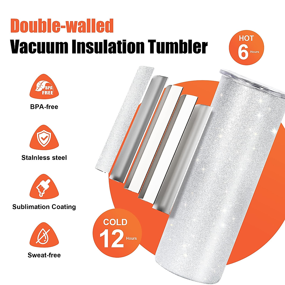 AGH Sublimation Glitter Tumbler Blanks 20oz Glitter Skinny Tumbler Bulk, 4 Pack Silver Stainless Steel Double Wall Insulated with Lid and Metal Straw