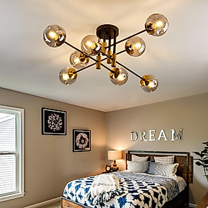 SZXYKEJI 8 Light Glass Globe Ceiling Light Black and Gold Mid Century Flush Mount Sputnik Light Fixture Bubble Chandelier Living Room Farmhouse for Dining Room Kitchen Bedroom.