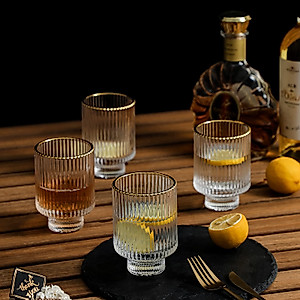 G Meridian Tumbler Glasses set of 6, 11.5 oz Clear with Gold Rim Durable Drinking Highball Cup for Water Soda Juice Milk Coke Beer Spirits Iced Beverage Vintage Style Home Office Desk Everyday Use