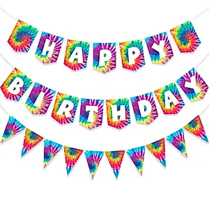 2 Pieces Tie Dye Birthday Party Supplies Happy Birthday Pennant Banner for Tie Dye Party Art Retro 60s 70s Theme Hippie Carnival Baby Shower Birthday Party Decorations