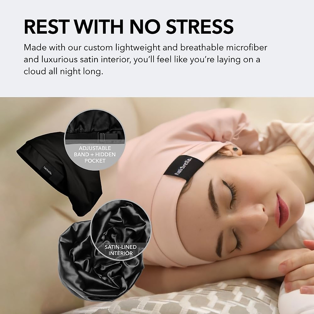 Hairbrella Satin Lined Adjustable Sleep Cap - Sleeping Caps for Women to Protect Hair, Satin Band Edge, Silk Bonnet Black